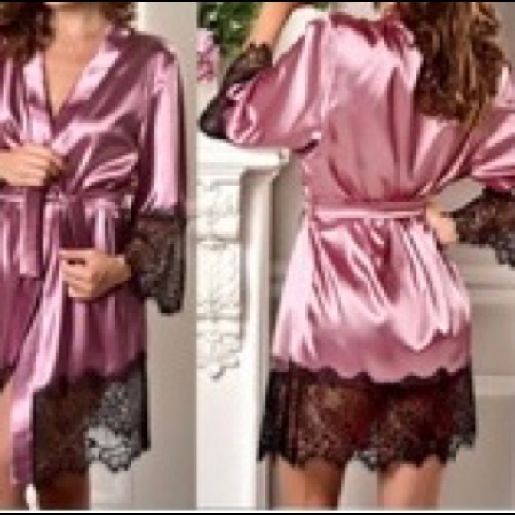 Intimates & Sleepwear | Light Pink Satin Robes With Black Lace Trim ...